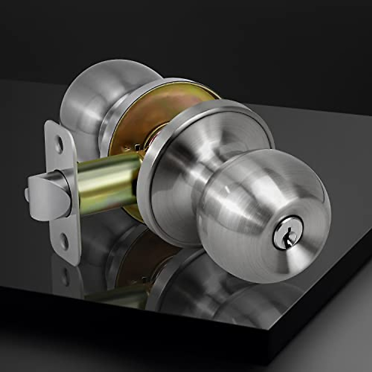 LOQRON Ball Door Knob Entry Function Door Knob, Keyed Entry Door Knob with Lock, Round Ball Handle for Front Door Right and Left Side, Satin Nickel,1Pack