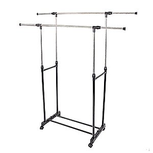 Guangshuohui Clothes Garment Rack, Double Rod Closet Double Rail Clothing Rolling Rack on Wheels and Bottom Shelves, Black & Silver (A)