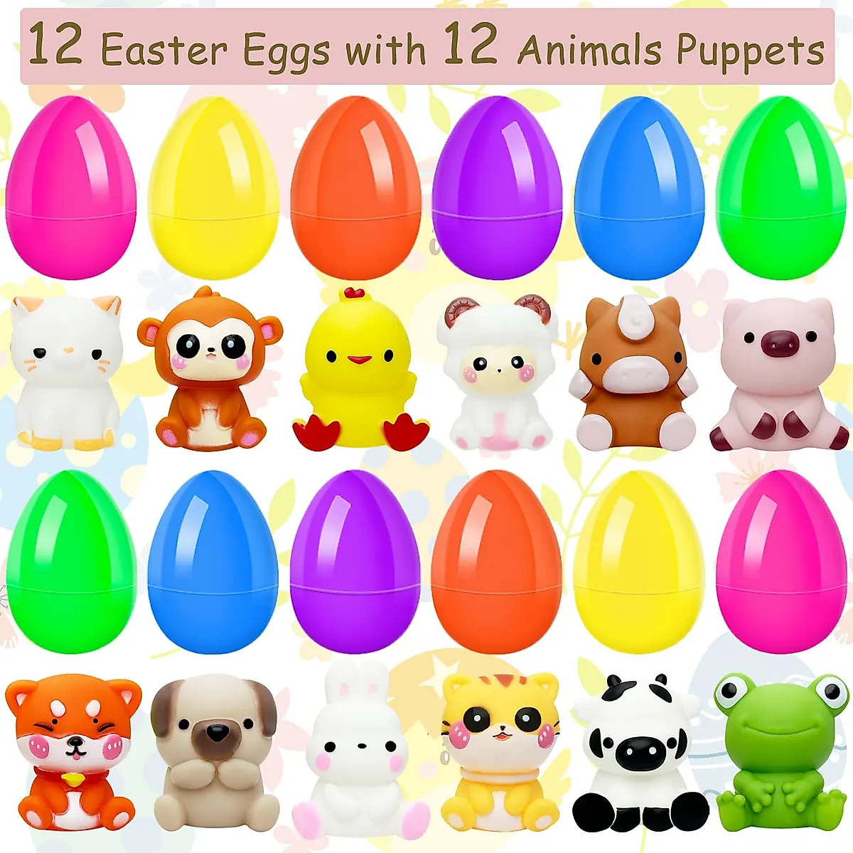 AouEtnay 12 Pcs Easter Eggs with Animal Finger Puppets Filled Easter Eggs for Kids Easter Basket Fillers, Hunt and Party Favors