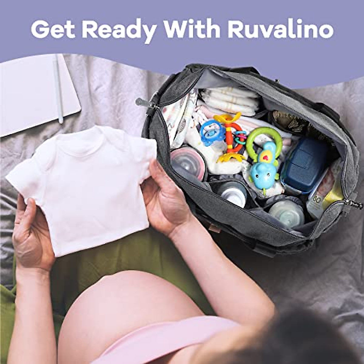 Diaper Bag Tote, RUVALINO Hospital Bags for Labor and Delivery, Multifunction Large Travel Weekender Overnight Bag for Mom and Dad, Convertible Baby Bag for Boy and Girls Gray
