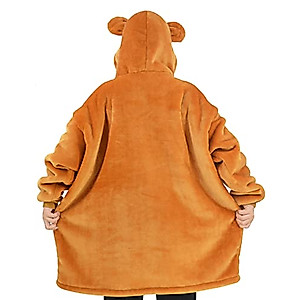 LASSUPIN Teddy Brown Bear Wearable Blanket Sweatshirt Sherpa Oversized Hoodie TV-Blanket with Sleeves and Pockets for Adults Men Women Teens One Size Fits All