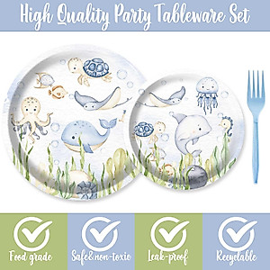 HEETON 80Pcs Undersea Party Supplies Plates Octopus Jellyfish Whale Cute Ocean Animals Baby Shower Party Decorations for Blue Boy Baby Bday