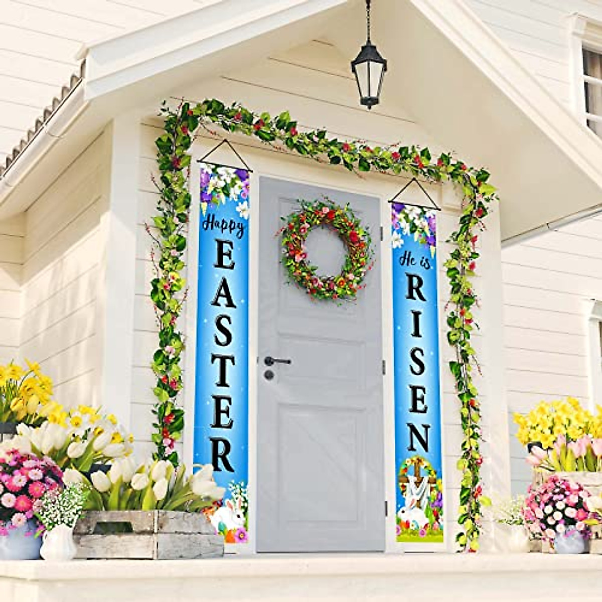 FARMNALL Easter He is Risen Porch Banner Bunny Egg Rabbit Party Front Door Sign Wall Hanging Spring Lily Cross Decorations and Supplies for Home Office Farmhouse Holiday Decor