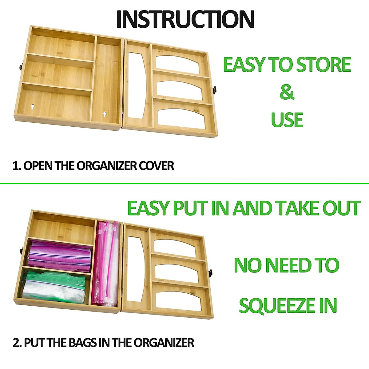 POBIDOBY Storage Bag Organizer Ziplock Bag Storage Baggie Organizer Dispenser for Kitchen Drawer with 4pcs Hooks, Bamboo Organizer Compatible with Gallon, Quart, Sandwich & Snack Variety Size Bags