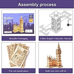 ROBOTIME 3D Puzzle for Adults Wooden Craft Kits for Teens DIY Construction Model Kit with LED Light to Build Educational Big Ben Set Toys Birthday Gifts