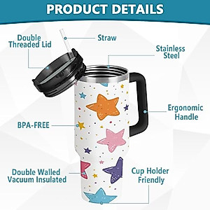 FRCSDIY Cartoon Stars Insulated Tumbler with Handle and Straw Lid,40oz Leakproof Stainless Steel Cup BPA-Free Water Bottle