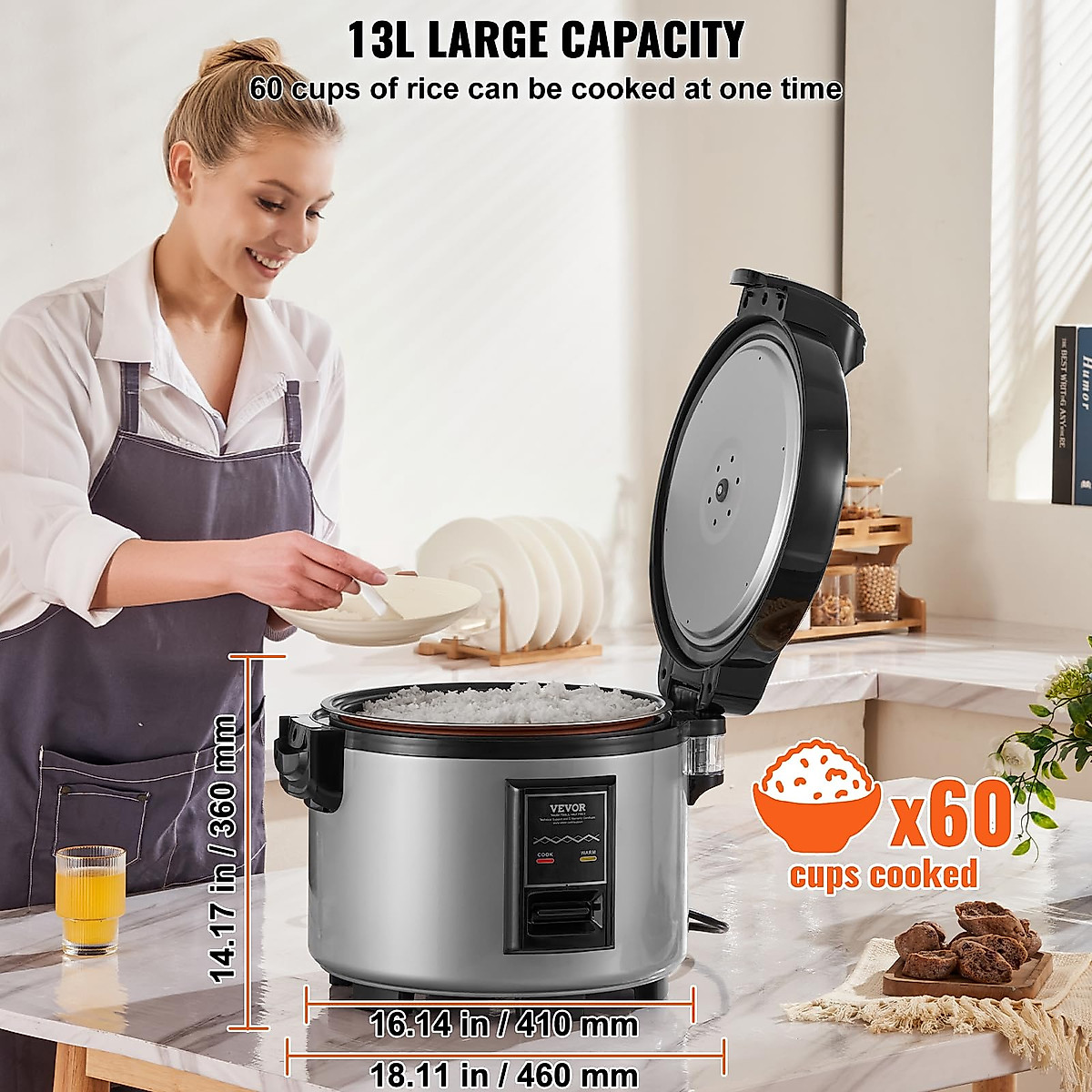 VEVOR Commercial Rice Cooker, 13.74Qt/60 Cups Cooked Rice, Large Rice Cooker and Warmer with Nonstick Inner Pot, Fast Cooking and 12-Hour Keep Warm, with Rice Cup and Paddle, for Restaurant