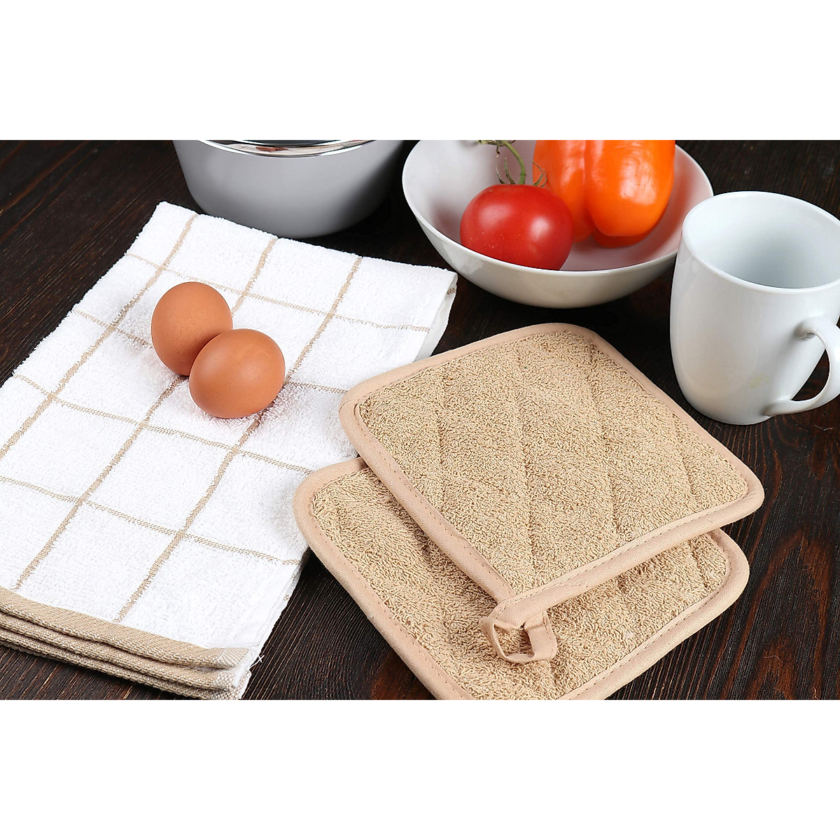 Arkwright Terry Cotton Pot Holders - (Pack of 12) Restaurants, Kitchen Hot Pad Potholder Set, Heat Resistant Coaster for Cooking and Baking, 7 x 7 in, Tan