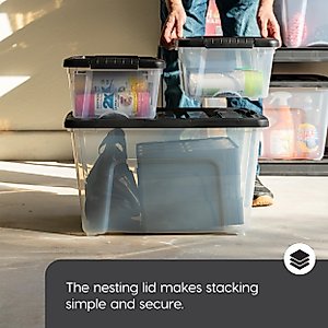 IRIS USA 6 Qt Stackable Plastic Storage Bins with Lids, 8 Pack - BPA-Free, Made in USA - See-Through Organizing Solution, Latches, Durable Nestable Containers, Secure Pull Handle - Clear/Black