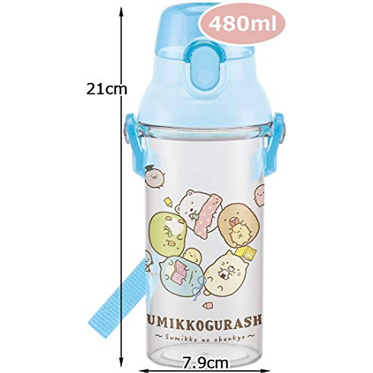 Skater PSB5KD Children's Water Bottle, Clear Bottle, 16.2 fl oz (480 ml), Sumikko Gurashi Obenkyo, Width 3.7 x Diameter 3.1 x Height 8.3 inches (9.5 x 7.9 x 21 cm), Girls, Made in Japan