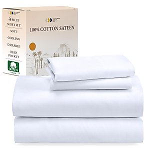 California Design Den Natural 100% Cotton Sheets Full Size Bed Set with Deep Pockets - Soft Sateen Weave, Durable and Cooling Full Size Bed Sheets - White