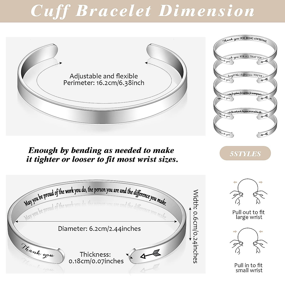 Fumete 20 Pcs Thank You Bracelets Bulk Inspirational Bracelets for Women Employee Appreciation Gifts Thank You Gifts for Coworkers Leaving Cuff Bracelets Team Farewell Gifts