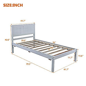 Swellsuite Wood Platform Bed Frame for Kids, Twin Bed Frame with Headboard and Support Legs for Boys and Girls, Twin Platform Bed with Wood Slats, No Box Spring Needed, Twin Size, Gray.