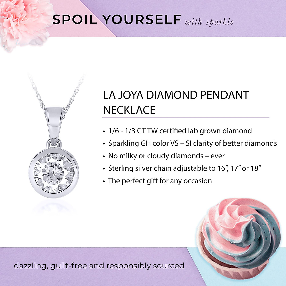 La Joya Sterling Silver Diamond Necklace For Women | Lab Grown 1/6 CT. TW. Bezel Set Single Diamond Necklace | Ideal Gold Plated Solitaire Diamond Necklace for Girls and Teens