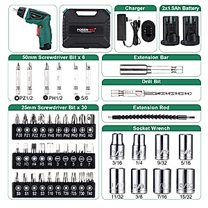 POSENPRO Cordless Electric Screwdriver wtih 2 Battery, 7.2V Rechargeable Power Screwdriver with 48 pcs Accessories, Screw Gun with 6+1 Torque Setting & Twistable Handle for Home DIY, BMC Packing