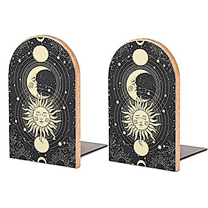 NFGSE Book Ends, Mystical Sun Face Moon Crescent Magic 2 Pcs 5 X 3 Inch Modern Home Decorative Bookends for Shelves, Fashion Design Wood Book Stopper for Heavy Books Office School Home Kitchen Planets