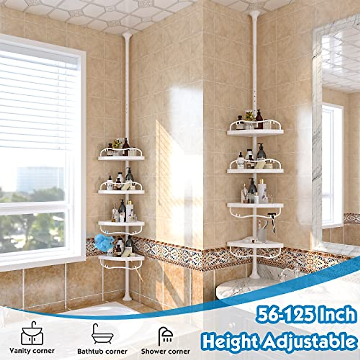 Lilyvane Corner Shower Caddy, 4 Layer Shower Organizer, Rustproof ABS Shower Shelves with Stainless Steel Pole, Drill Free Shower Rack, Large Shower Storage and Shower Caddy Tension Pole,56-125 Inch