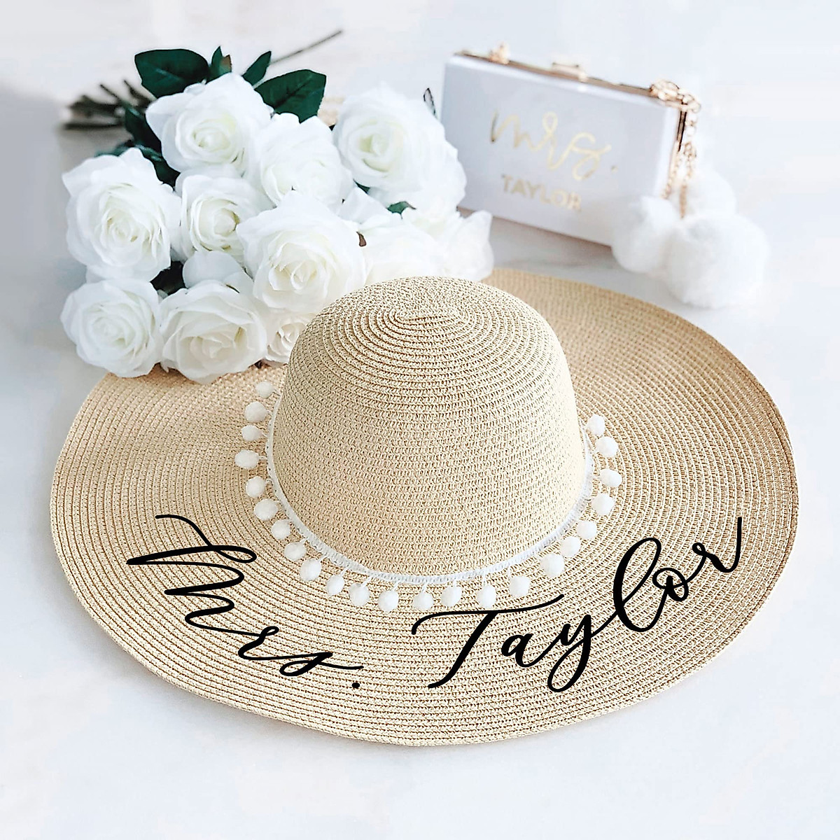 Personalized Beach Hat | Custom Tan Hat with White Poms | Women’s Floppy Hat | Mrs Honeymoon Foldable Sun Hat for Bride