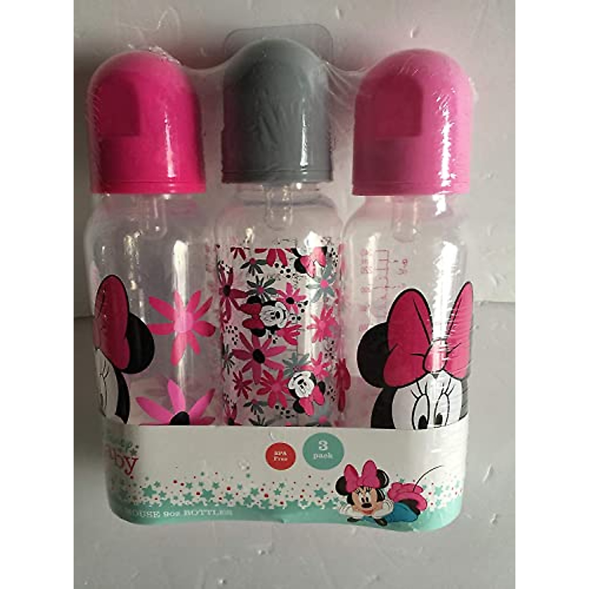 Cudlie Disney Baby Girl Minnie Mouse 9 oz Pack of 3 Baby Bottles, Tropic Floral
