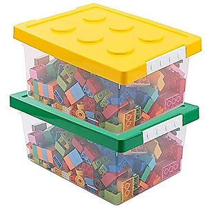 LUCKY-GO Toy Storage Organizer Bins with Lid - Stackable Plastic Organizer Box Set of 2, Kids Toy Chests with Compatible Building Baseplate and Lid, Storage Container for Building Bricks & Toys