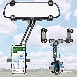 Phone Mount for Car【Large Rear Mirrors Friendly】 Rear View Mirror Phone Holder,【Upgraded 4 Clip More Stable】 360 Rotatable and Retractable Car Phone Holder Fit All Mobiles & Fits Bigger Vehicle