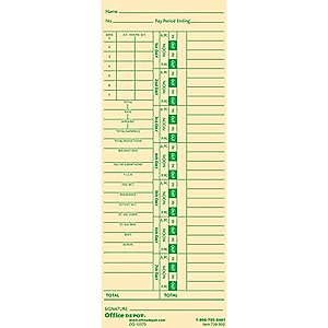 Office Depot Time Cards With Deductions, Weekly, Days 1-7, 2-Sided, 3 3/8in. x 8 7/8in., Manila, Pack Of 100, GB-739992