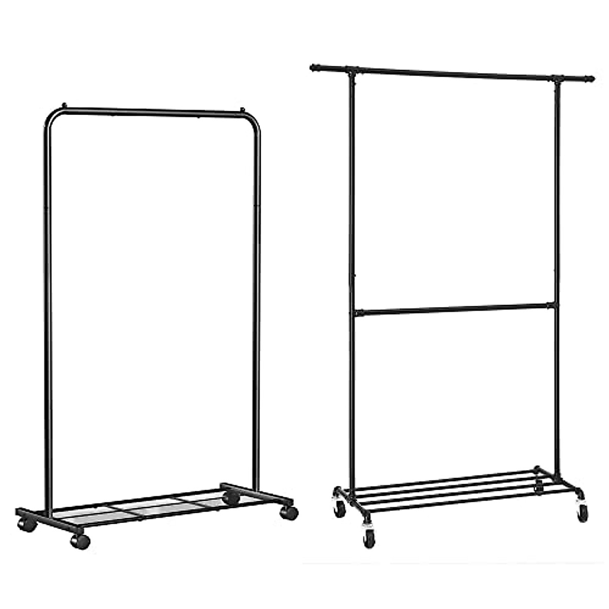 SONGMICS Industrial Clothes Rack and Double Hanging Rack Bundle, Clothing Racks with Storage Shelves, Heavy Duty Storage Racks on Wheels, Home or Commercial, Black UHSR25BK and UHSR62BK