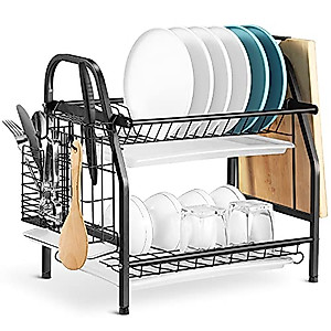alvorog 2-Tier Dish Drying Rack with Utensil Holder and Cutting Board Holder, Stainless Steel Dish Rack with Removable Drain Boards Large Capacity Dish Drainer Kitchen Organizer for Countertop (Black)
