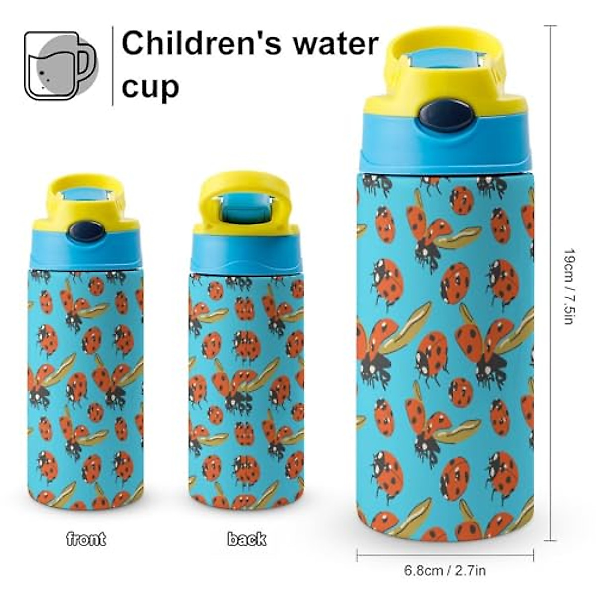 Kids Water Bottle with Straw Lid Hand-drawn Cartoon Ladybugs Print 12 Oz/350 Ml Stainless Steel Reusable Thermos Bottles