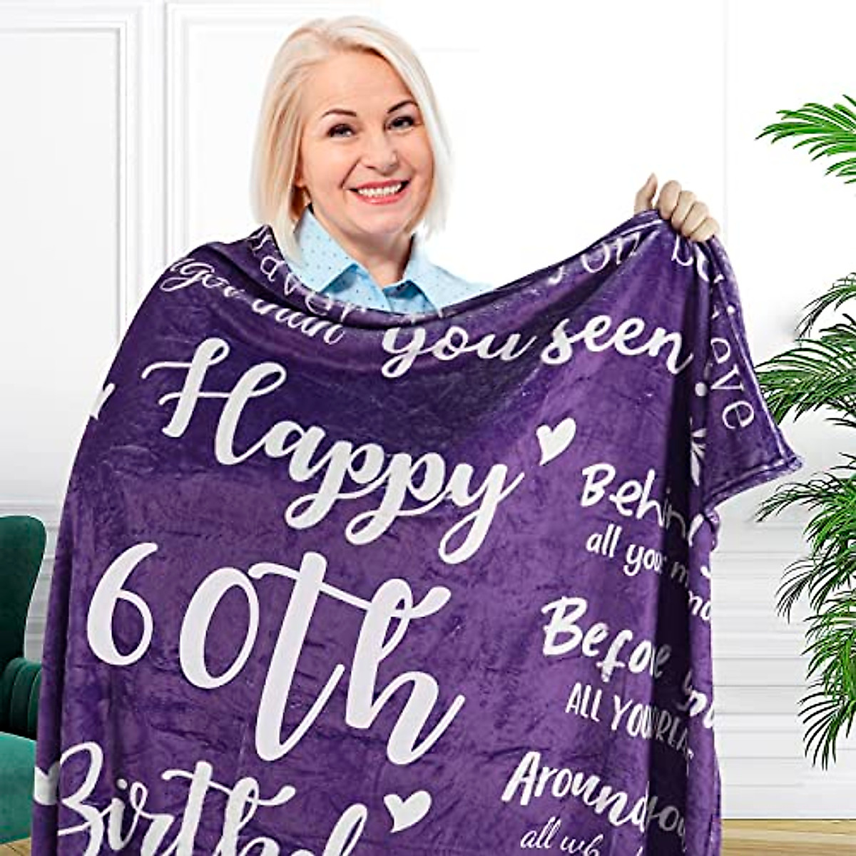60th Birthday Gifts for Women Blanket, Happy 60th Birthday Decorations Women Throw Blanket, 50x60’’ 1963 Birthday Gifts for Women Throws, 60 Year Old Gift Ideas, Cheers to 60 Years Gifts, Purple