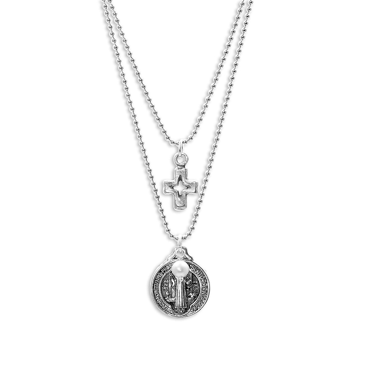 Lizzy James Rose Stainless Steel Layered Necklace with Cross Saint Benedict and Pearl Charms
