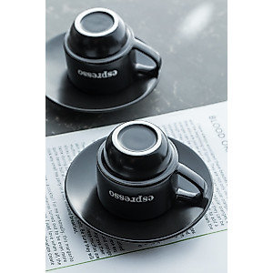 Espresso Cups with Saucers Set, Porcelain Coffee Cups Set with Metal Stand 4 OZ Stackable Demitasse Cups for Latte, Cafe, Mocha and Cappuccino, Tea Cup Set of 6, Thanksgiving Gifts, Black