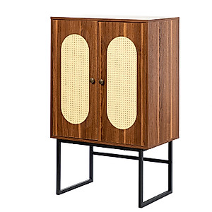 Voohek High 2 Rattan Doors, Interior Shelves and Black Metal Base, Sideboard w/Simulated Wood Patterns & Retro Knobs Elements On Surface Storage Cabinet, Walnut