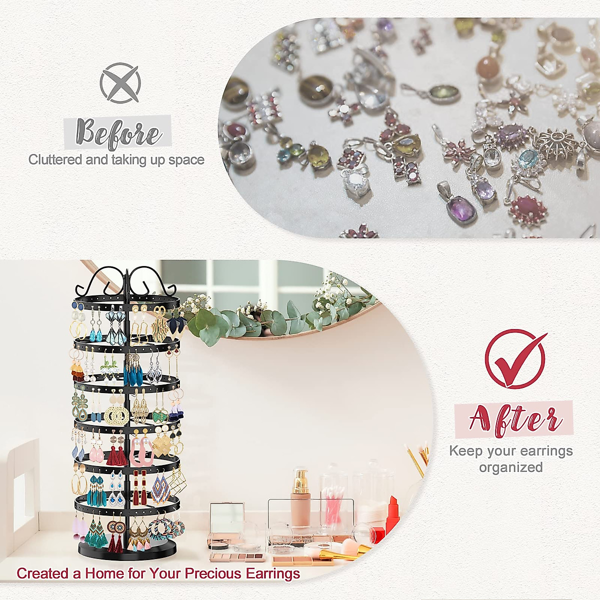 iDavosic.ly 6 Tier Metal Rotating Earring Holder Organizer, 264 Holes Earring Storage Display Tower Rack, Adjustable Earring Tree Organizer for Women Girl (Black)