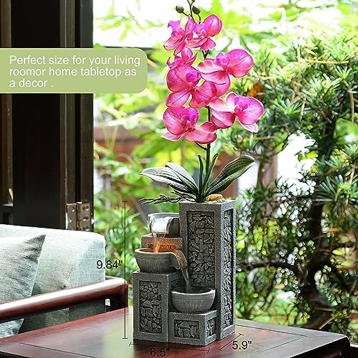 Kalona Décor Relaxation Indoor Fountain Exquisite 3-Bowl Fountains Soothing Sound Tabletop Fountains Home/Office Decor with a Small Plastic Pot to Grow The Plant by Yourself(Automatic Watering)(22024)