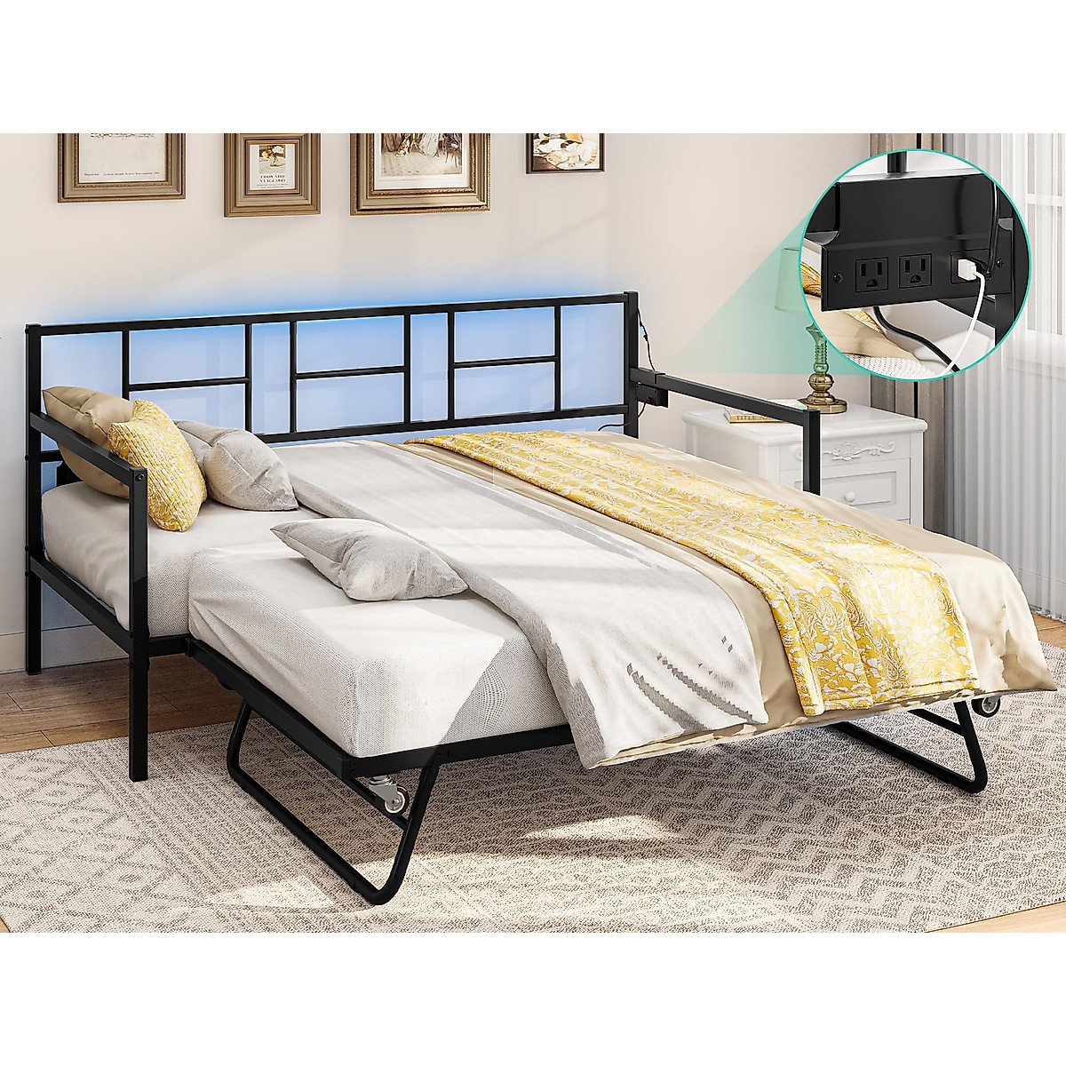 YITAHOME Twin Daybed with RGB LED Lights & Charging Station, Height Adjustable Day Bed Frame with Trundle, Versatile Metal Sofa Bed Frame for Bedroom, Living Room, Guest Room, Black