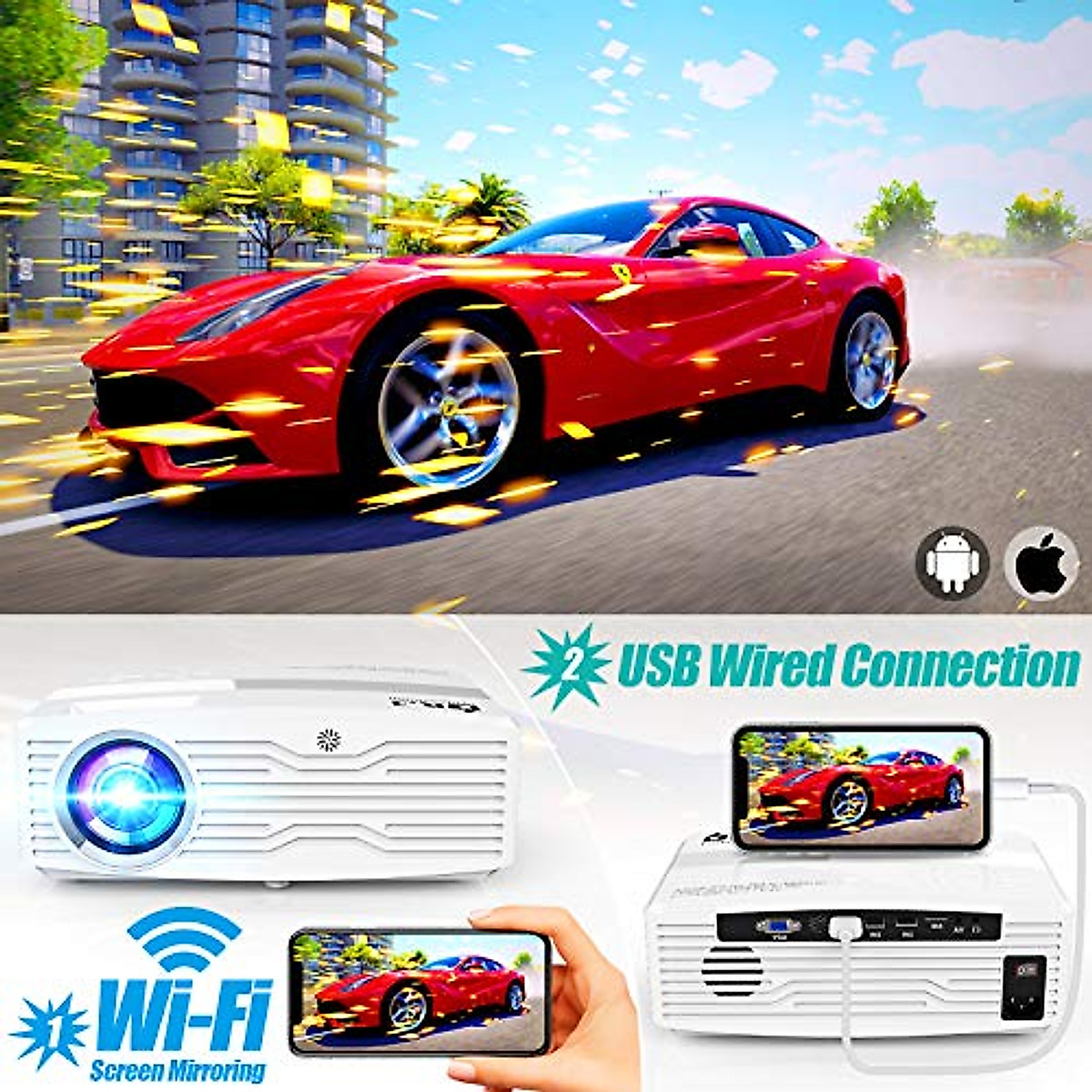 Native 1080P 5G WiFi Bluetooth Projector, 10000Lumens 300” Display Outdoor Projector, 350 ANSI, 4K Supported, Home Projector for iOS/Android/TV Stick