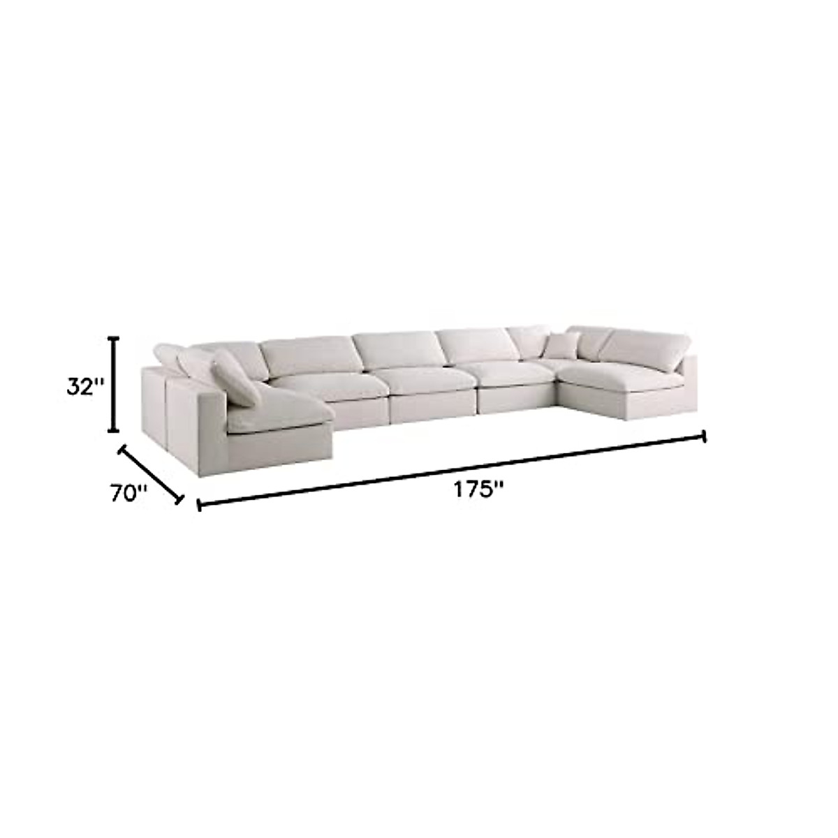 Meridian Furniture Plush Collection Contemporary Down Filled Cloud-Like Comfort Overstuffed Velvet Upholstered Modular U-Shaped Sectional, 7-Seater, Armless, Cream