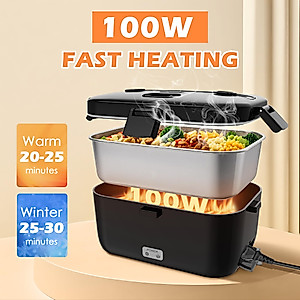 COZYEXPERT 80W Electric Lunch Box Food Heated 12V 24V 110V Fast Food Warmer Heater for Car/Truck/Home Portable Food Heating Boxes with 1.8L 304 SS Container 0.45L Compartment(Royal Blue+White)