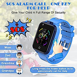 4G GPS Watches for Kids, Smart Watches Children's Mini Cell Phone with Dual Camera, Calling, SOS, Life Water Resistant 2-Style Cartoon Straps for 3-12 Years Boys Girls Birthday Xmas Gifts (Blue)