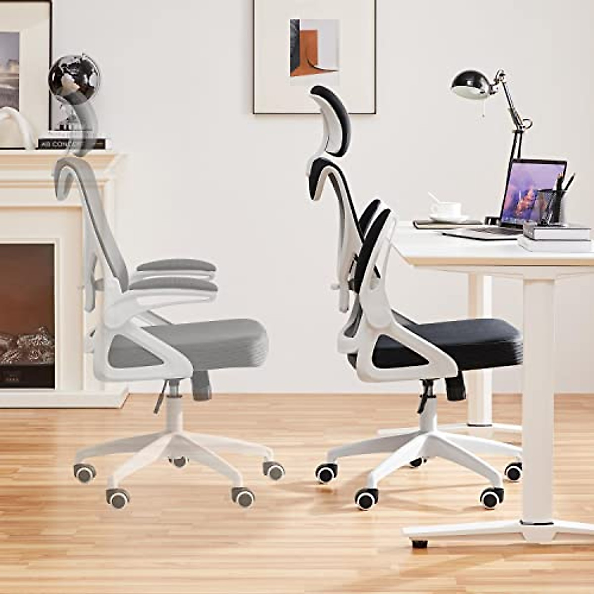 Yaheetech Ergonomic Mesh Office Chair, High Back Desk Chair with with flip-up Armrests, Adjustable Padded Headrest Computer Chair with Lumbar Support for Home Oiffce Game Room, White/Black
