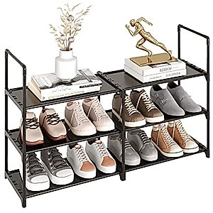 Yegazte Long 3-Tier Shoe Rack, Wide Shoe Storage Organizer Stackable Space Saving Shoe Shelf for 12-15 Pairs, Shoe Stand for Closet, Entryway and Hallway(Black)