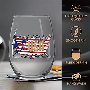 Pishovi USA Land of The Free Because of The Brave Wine Glass with Gift Box, Funny Flag Stemless Wine Glass, Memorial Day Gift, Day of Honor Retirement Gifts for Dad Grandpa Veteran Gifts