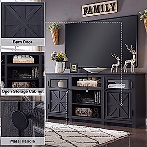 JXQTLINGMU Farmhouse TV Stand for 75 Inch TV, Entertainment Center with Storage, Modern TV Cabinet with Barn Doors, 66" Rustic TV Console for Living Room, Adjustable Shelf - Black
