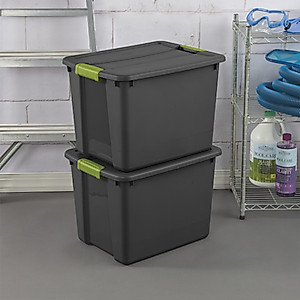 Sterilite 12 Gallon Rectangular Plastic Latching Tote Storage Container with Indexed Lid and Green Molded Handles for Home Organization, Gray, 6-Pack