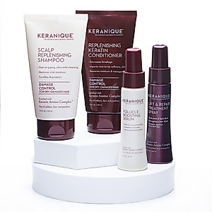 Damage Control Hair Growth System by Keranique includes Keratin Shampoo, Conditioner, Follicle Boosting Hair Growth Serum and Instant Volume Lift and Repair Treatment Spray Paraben Sulfate Free
