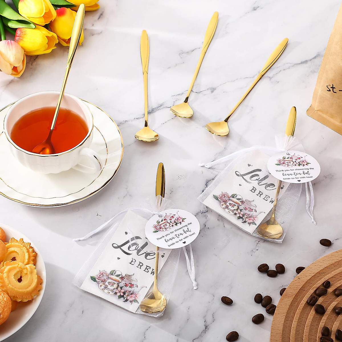 Skybooly 50 Set Tea Party Bridal Shower Favors Tea Bags Tea Packets Kraft Paper Envelopes Heart Spoon Mini Coffee Spoons with Thank You Card and Organza Bag Wedding Souvenirs Tea Party Favor for Guest