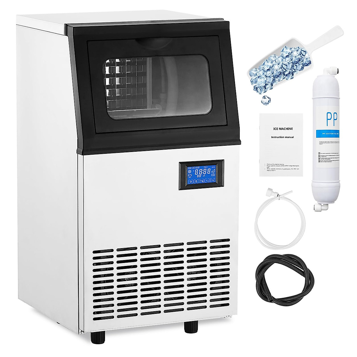 Commercial Ice Maker Machine, Freestanding/Under Counter Stainless Steel Ice Machine, 90Lbs/24 Hour with 30Lbs Ice Storage Capacity, Self Cleaning, Ideal for Restaurant/Bar/Cafe/Shop/Home/Office