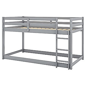Low Bunk Beds Twin Over Twin Wood Floor Bunk Bed Frame with Slat and Ladder for Kids Boys Girls Toddlers, Gray