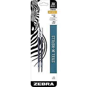 Zebra Pen G-Series Stainless Steel Gel Ink Pen JK-Refill, Medium Point, 0.7mm, Black Ink, 2-Pack